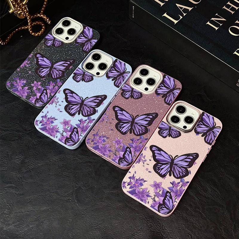 For iPhone 13 Pro Max Purple Butterflies Pattern IMD Glitter PC Hybrid ...