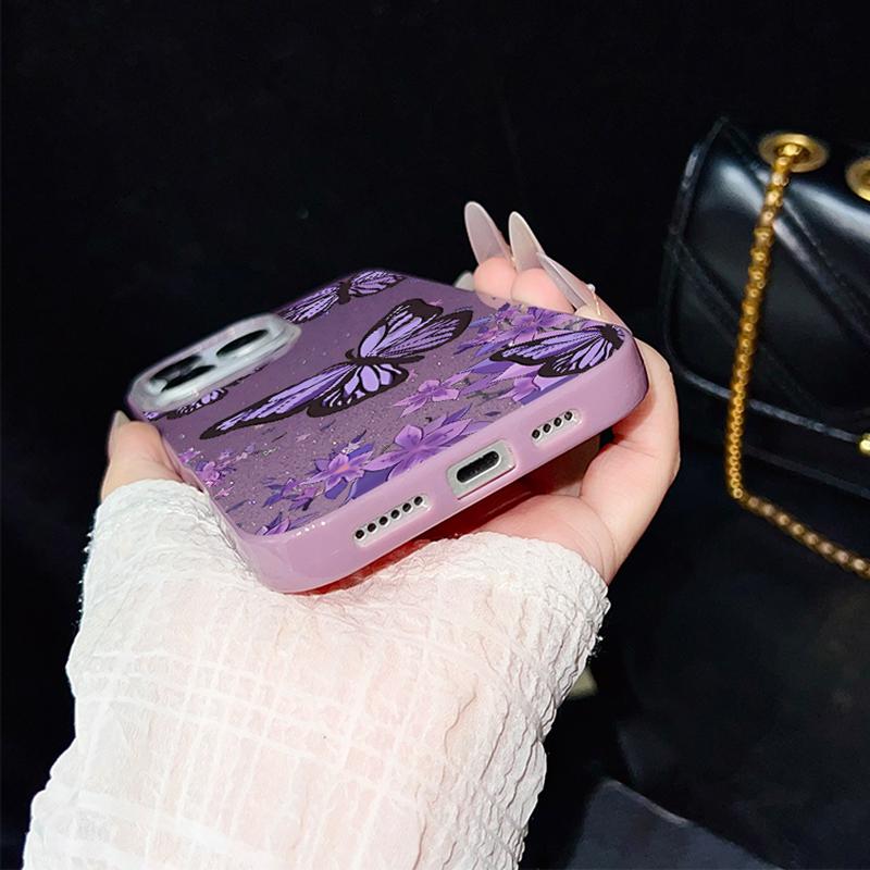 For iPhone 13 Pro Max Purple Butterflies Pattern IMD Glitter PC Hybrid ...