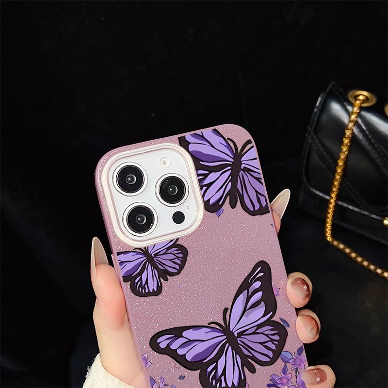 For iPhone 13 Pro Max Purple Butterflies Pattern IMD Glitter PC Hybrid ...