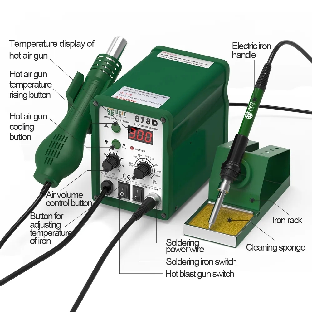 BEST BST-878D 2 in 1 Adjustable Temperature Hot Air Gun with Electric ...