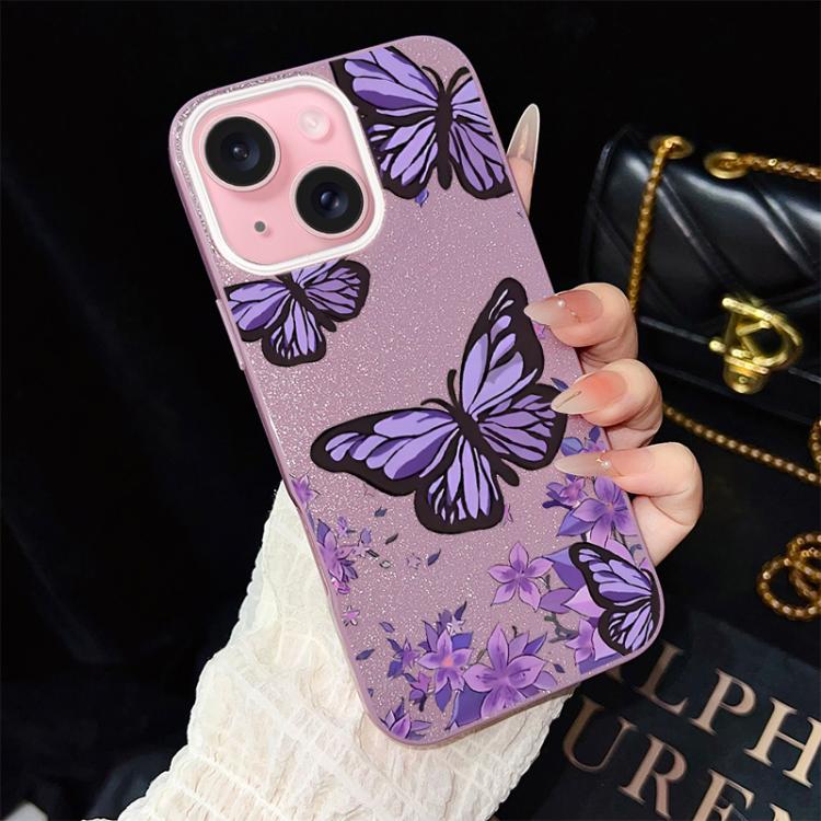 For iPhone 15 Plus Purple Butterflies Pattern IMD Glitter PC Hybrid TPU ...