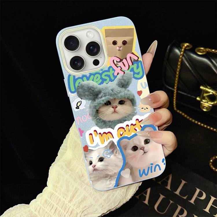 For iPhone 15 Pro Cats Pattern IMD Glitter PC Hybrid TPU Phone Case(Blue)